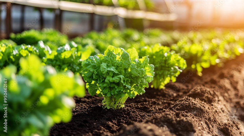 A modern greenhouse filled with rows of vegetables, all monitored by ...
