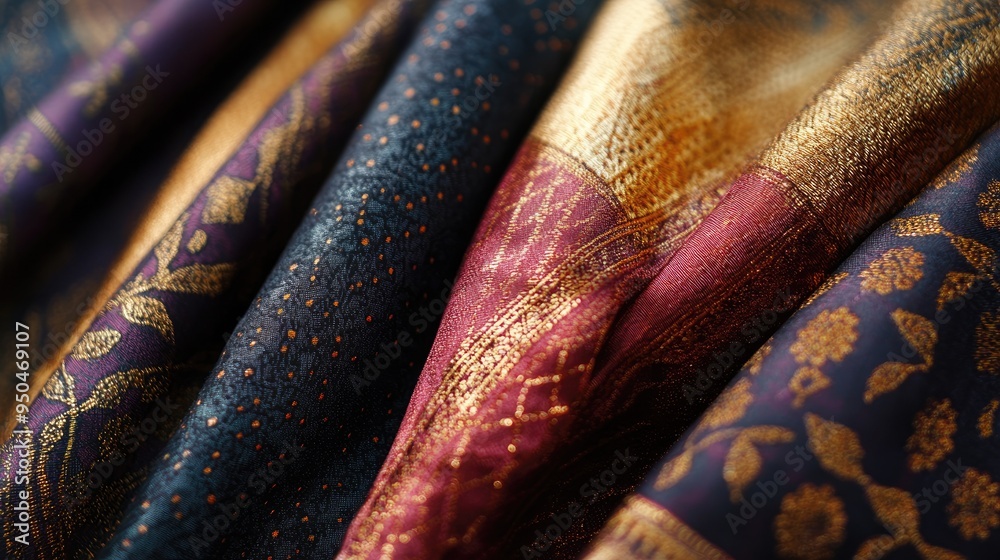 A close-up of Indian silk fabric with traditional geometric patterns ...