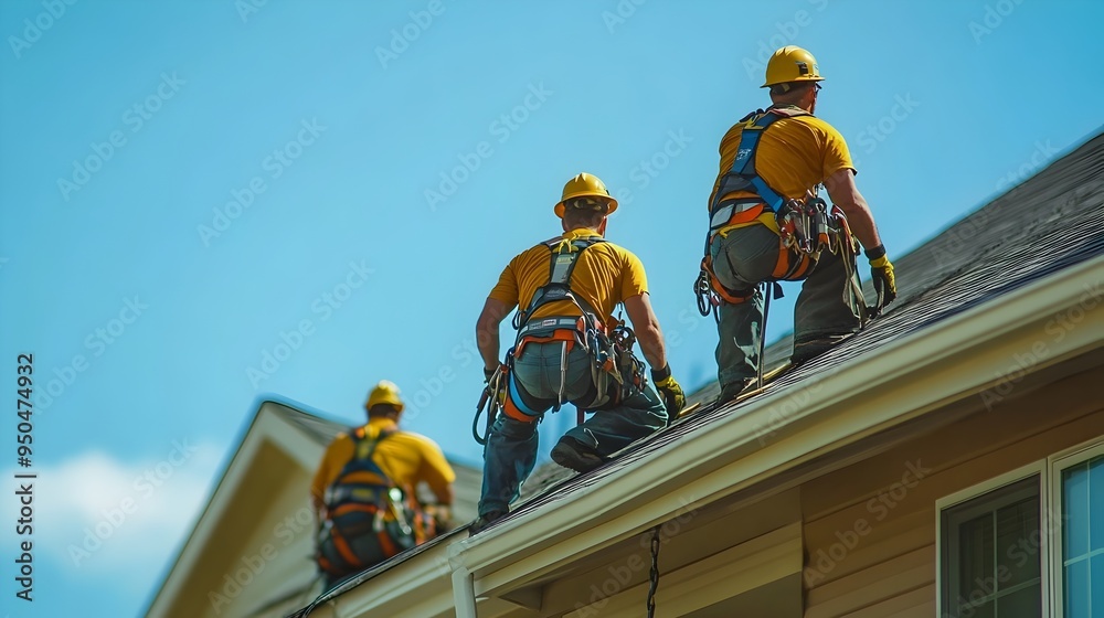 Roofers wearing safety harnesses and protective equipment performing ...