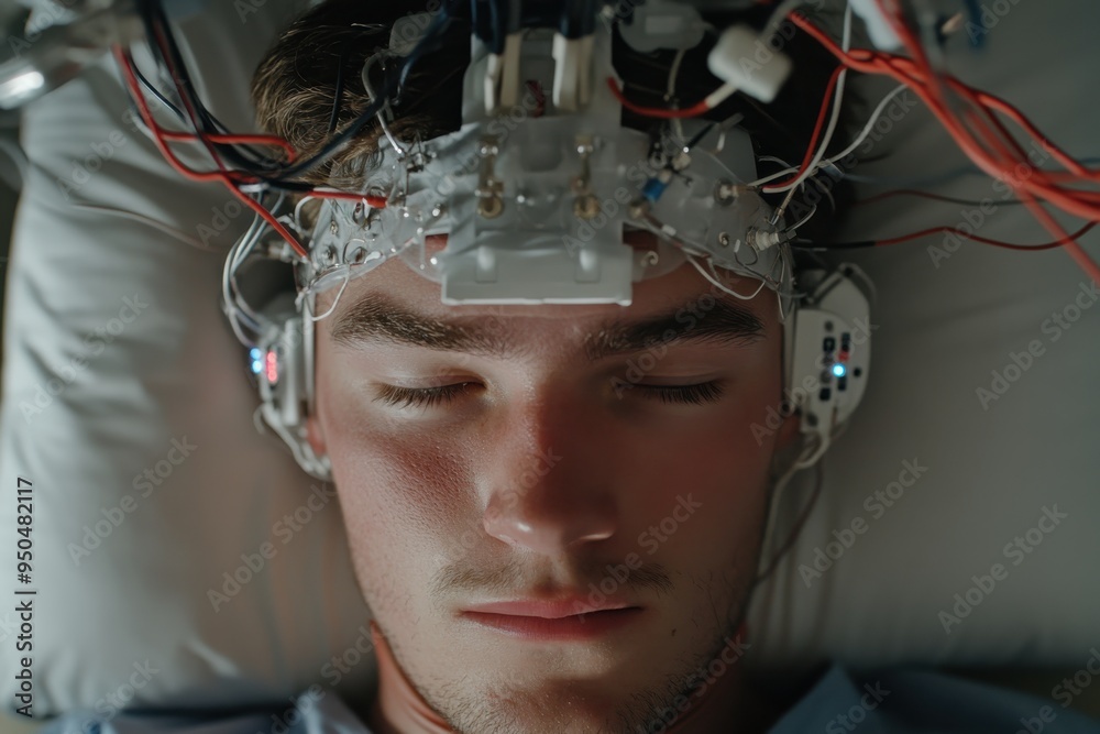 Individual lying on bed with brain monitoring device connected to their ...