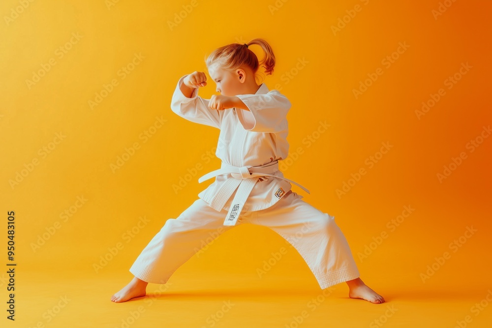 Child in a white kimono practicing karate, set against a solid color ...