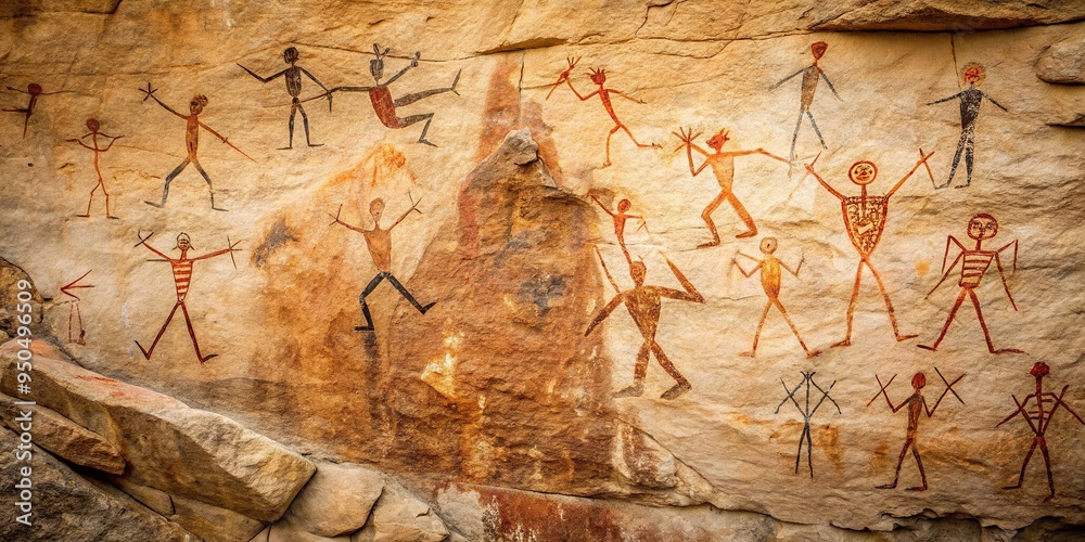 The ancient drawing on cave rock features human figures and symbols, a ...