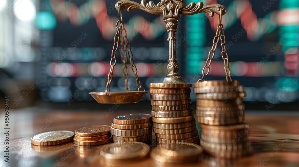 There is a balance scale with coins stacked on both sides. On the left ...