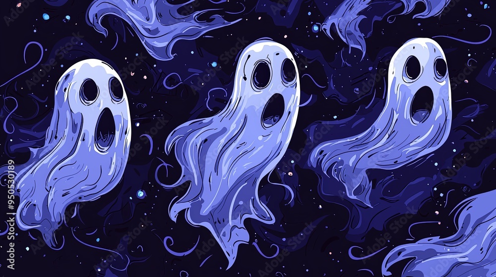 Surreal illustration of ghostly figures with animated expressions ...