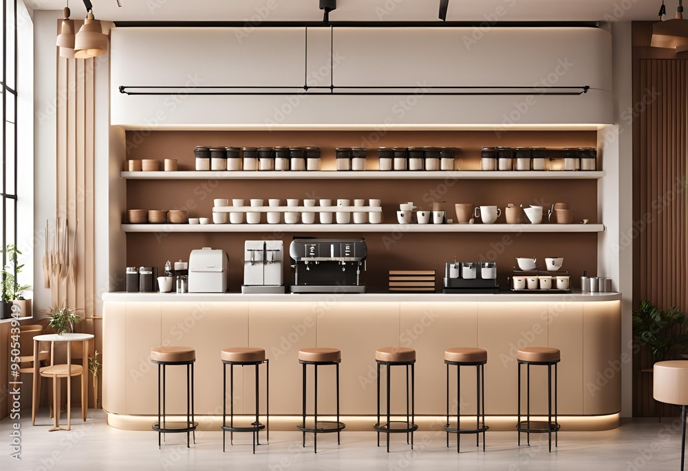 Experience a minimal interior design cafe with warm tones, ivory white ...