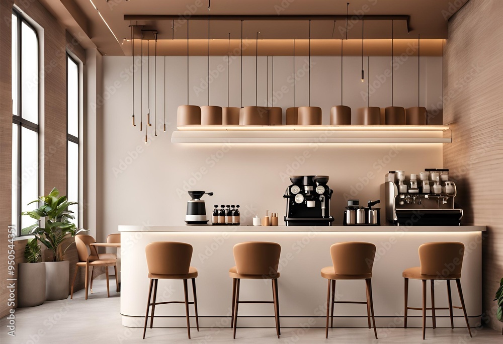 Experience a minimal interior design cafe with warm tones, ivory white ...