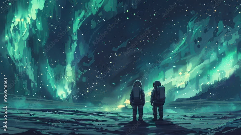 Two astronauts on a barren planet with incredible alien northern lights ... Two astronauts on a barren planet with incredible alien northern lights ...