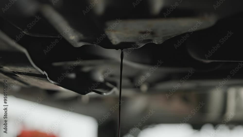 Old and wasted synthetic oil being drained into basin van beneath car ...