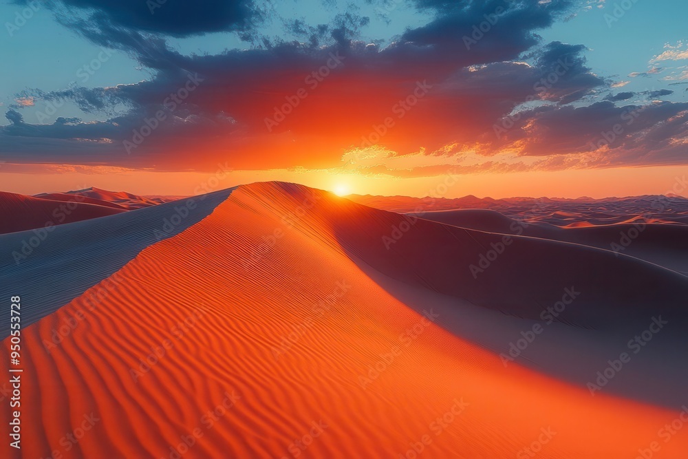 majestic golden sand dunes stretching endlessly under a fiery sunset ...