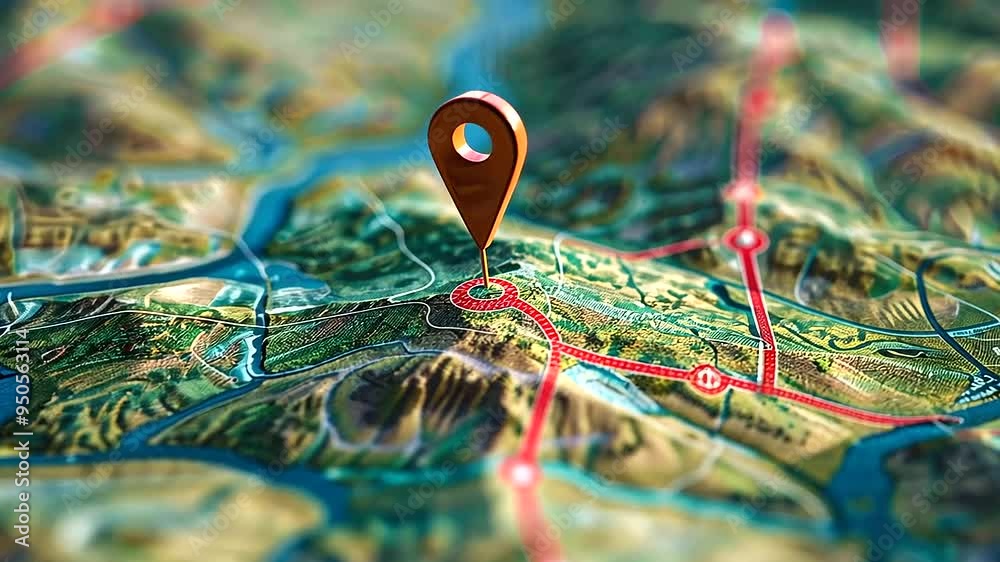 A detailed map with a prominent GPS pin and a clear route path ...