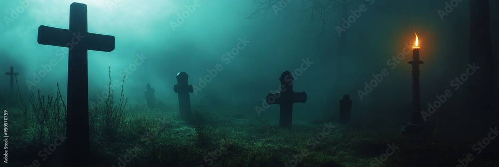 A haunting scene of a graveyard at night, shrouded in mist and ...