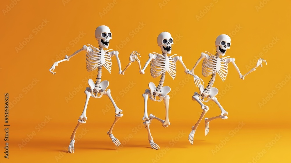 Three cartoon skeletons are dancing with joy against a vibrant orange ...