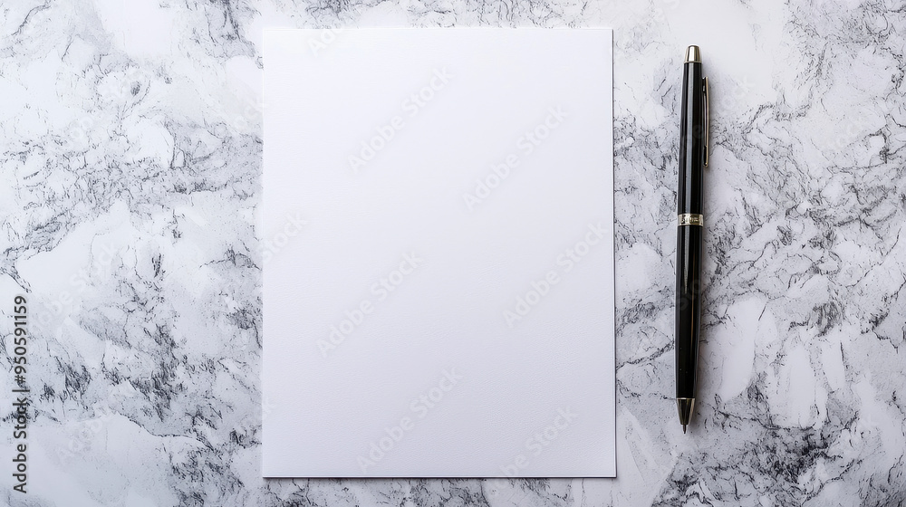 Blank white sheet of paper laid on a marble surface with a black pen ...