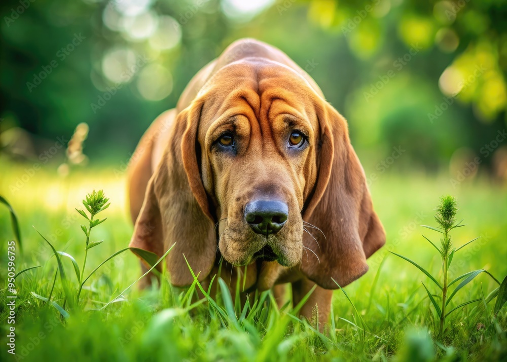 A curious bloodhound with floppy ears and wrinkled face, its nose ...