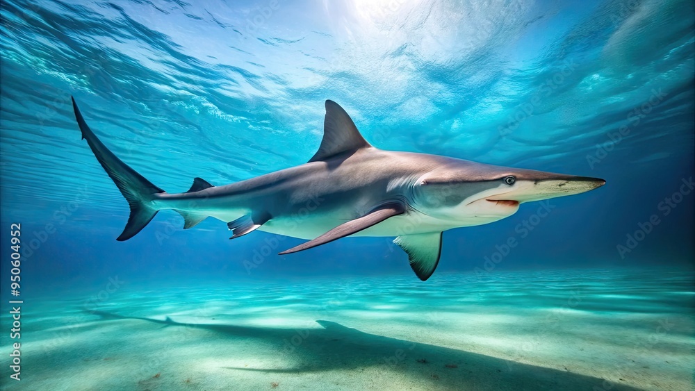 A large grey great hammerhead shark swims horizontally through the ...