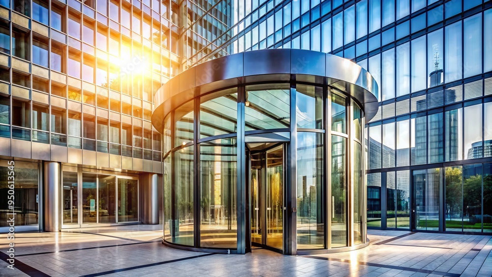Modern glass skyscraper entrance with revolving doors and sleek steel ...