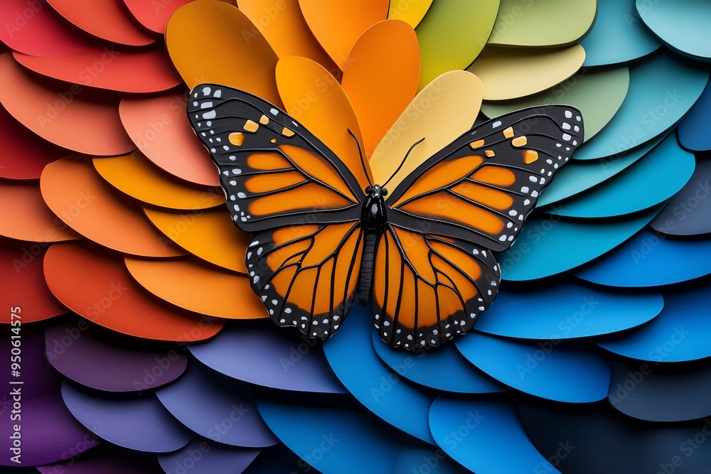 Butterfly fluttering through a rainbow, depicted in an artwork where ...
