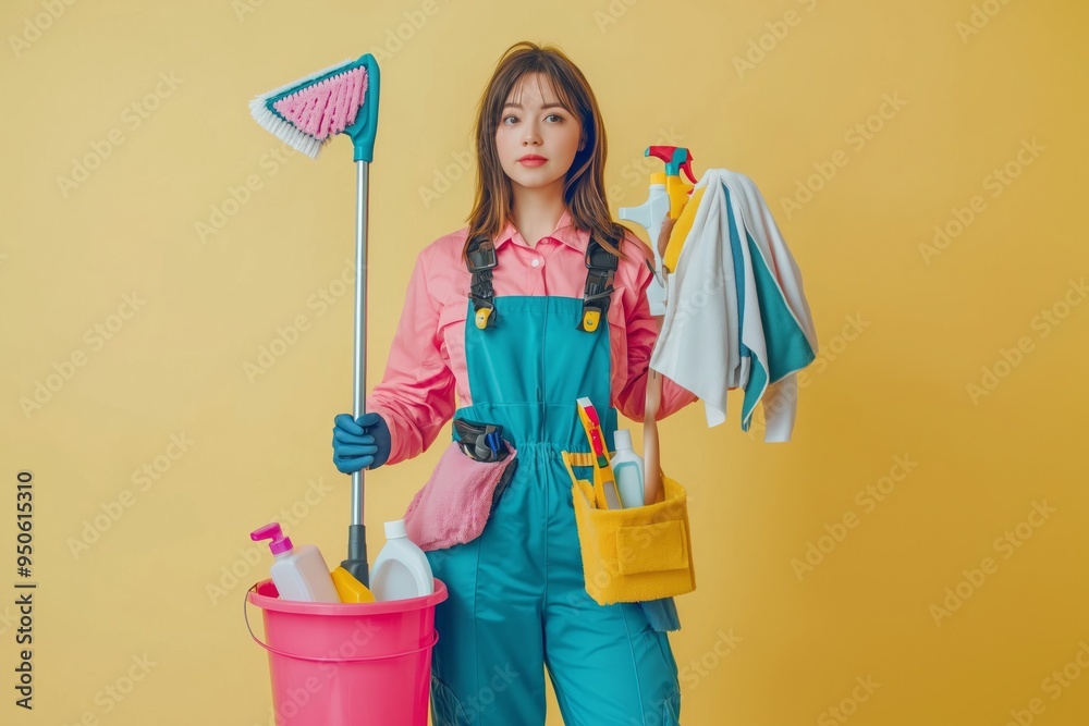Cleaning lady in uniform holding a mop and bucket, standing on a solid ...