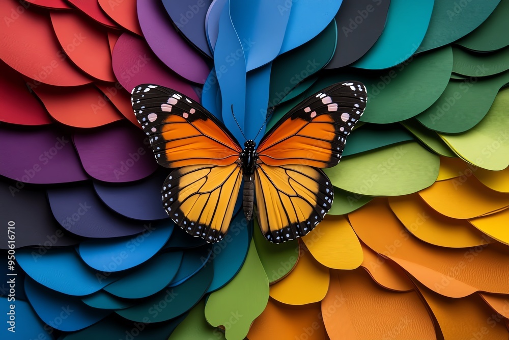 Butterfly fluttering through a rainbow, depicted in an artwork where ...