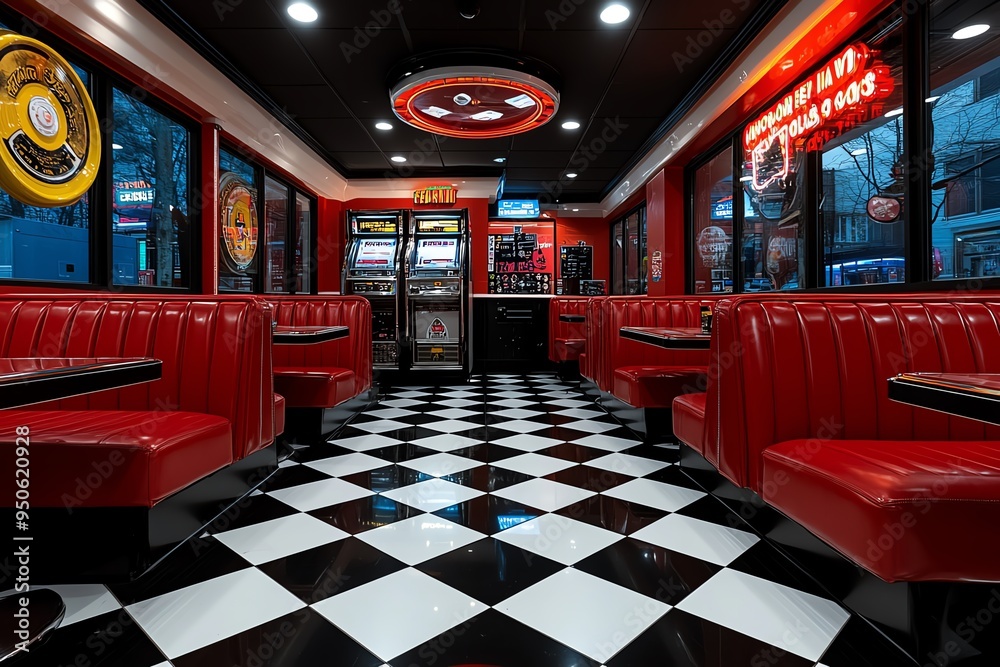 80s style retro diner with vinyl records and checkerboard floors ...