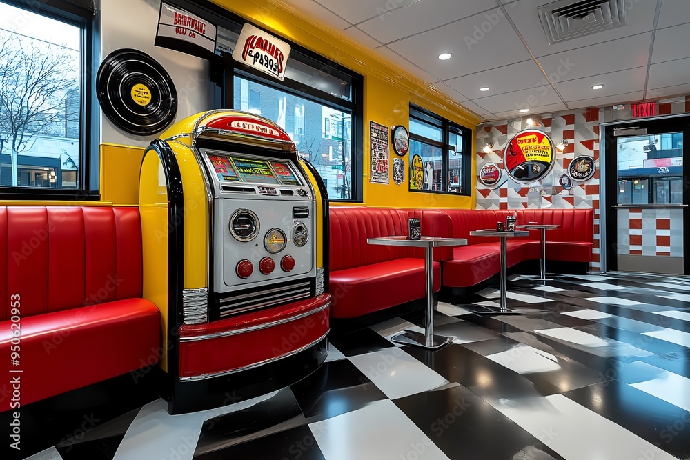 80s style retro diner with vinyl records and checkerboard floors ...