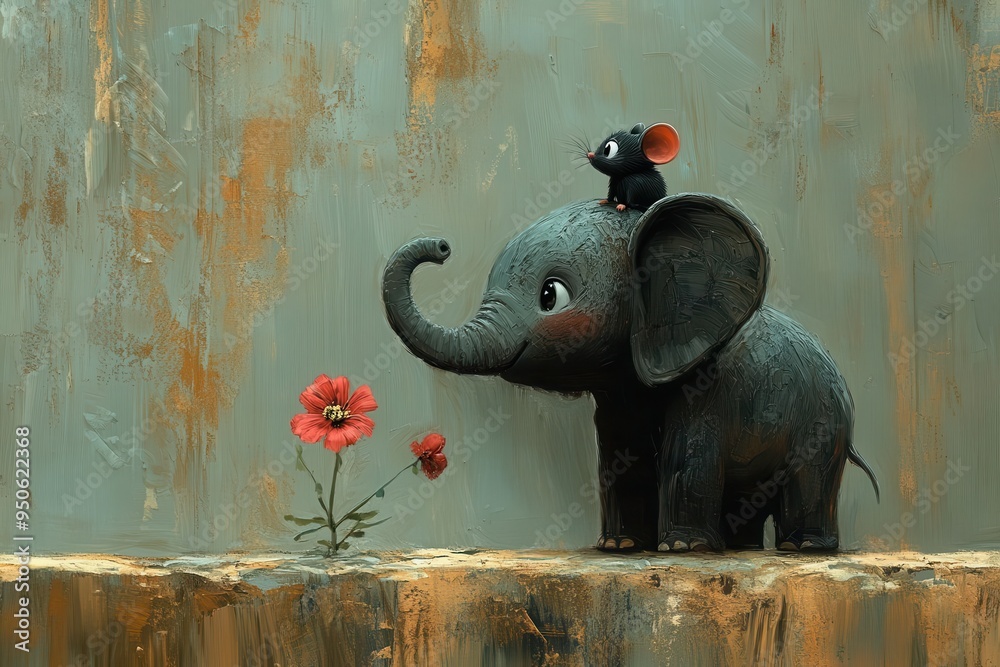 whimsical illustration of a tiny mouse perched atop a gentle elephants ...