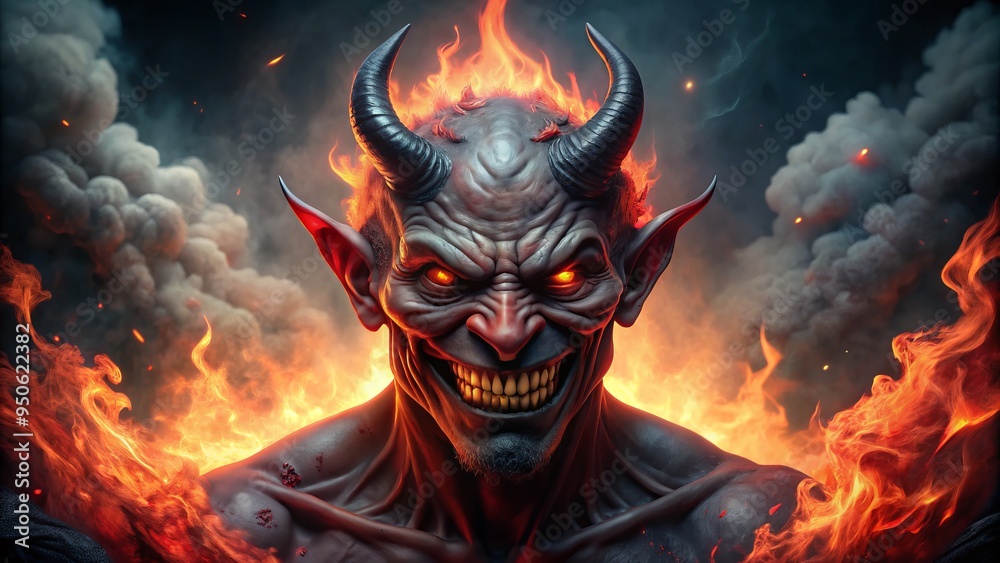 Ominous red-skinned devil figure with horns, piercing eyes, and ...