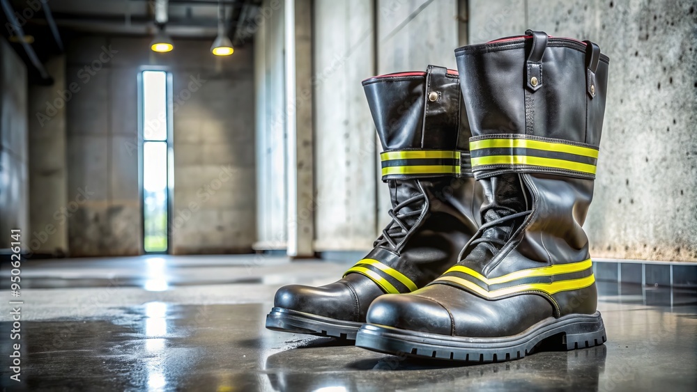 Polished black leather firefighting boots with reflective stripes and ...