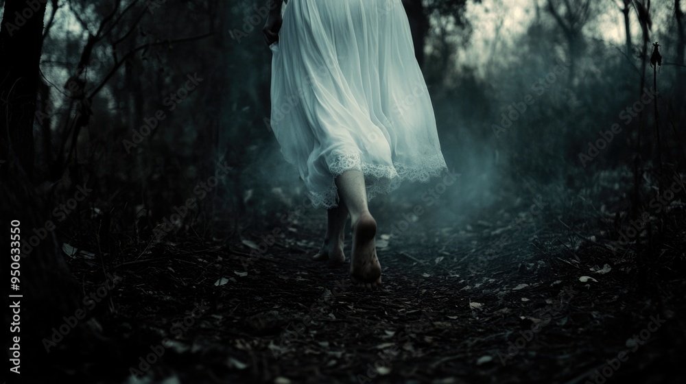 Creepy Forrest. Female Ghost Manifesting Anger and Fear in Dark and ...