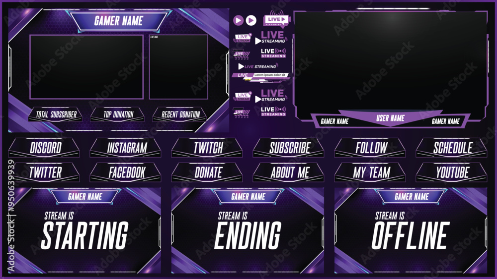 Vetor de Twitch Stream Overlay Bundle: Facecam Frame, Offline Screen ...