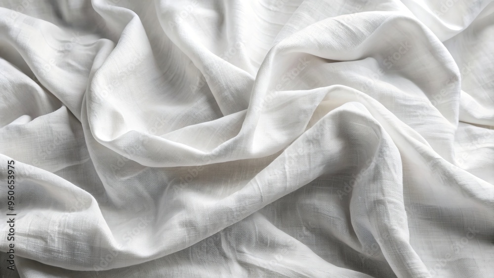 Soft, crumpled, and delicate, a white linen fabric lies wrinkled, with ...