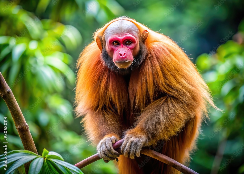 Majestic bald-headed uakari monkey with a rugged, shaggy coat and long ...