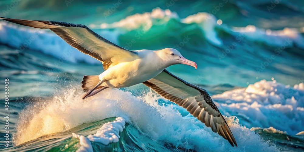 Majestic wandering albatross soars above turquoise ocean waves, its ...