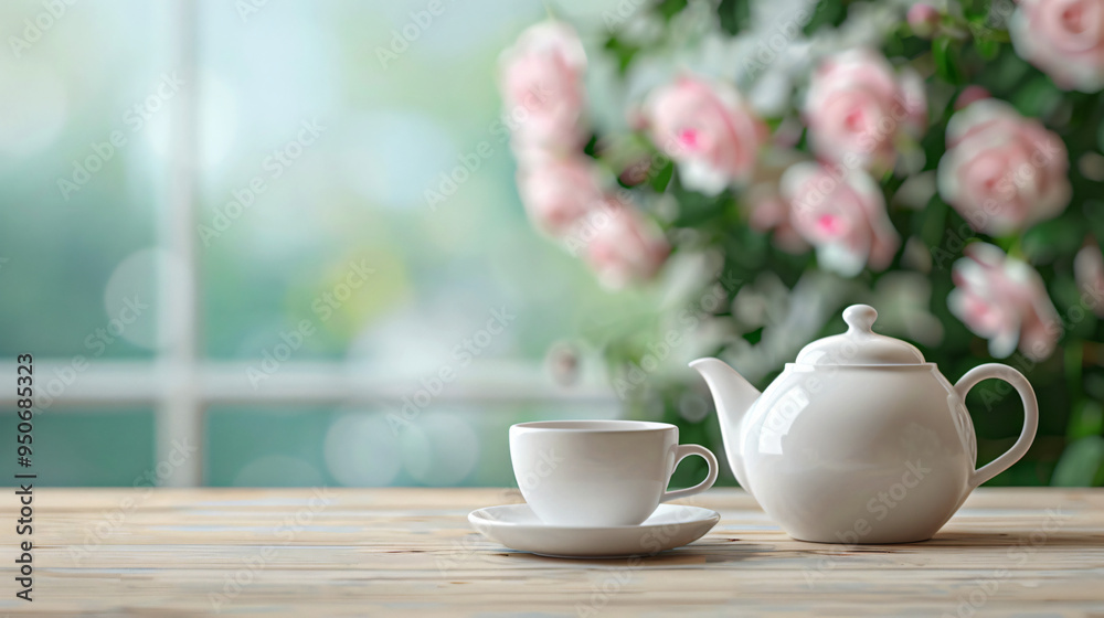 Serene Tea Time: A white porcelain tea set rests on a rustic table ...