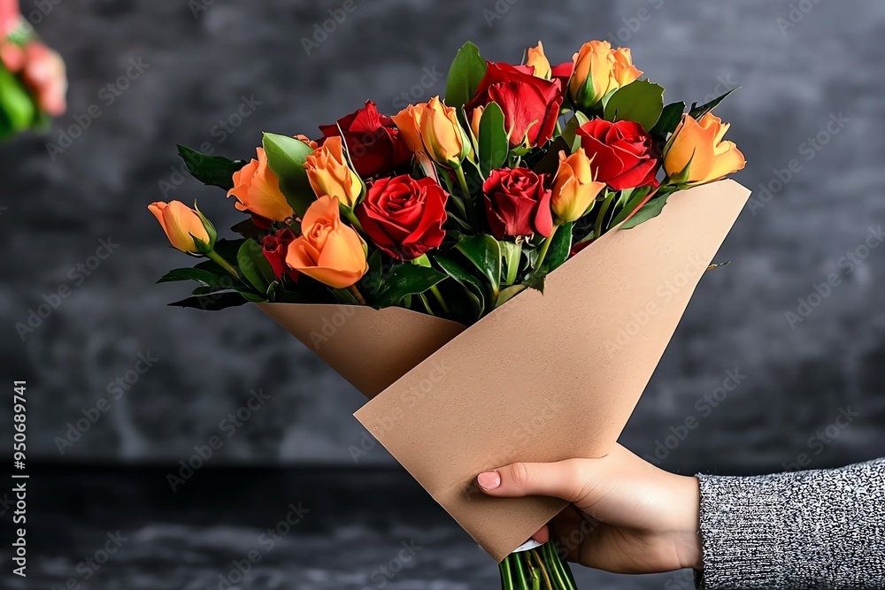 Flower bouquet gift with a handwritten note, captured in a photo where ...