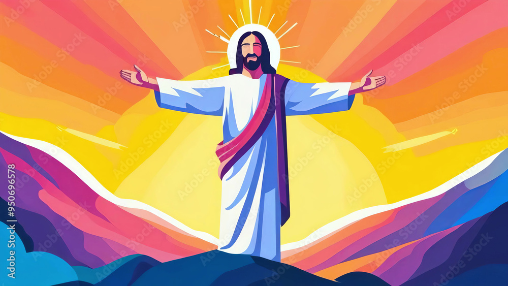 Colorful illustration of Jesus Christ on the mountain as a symbol of ...