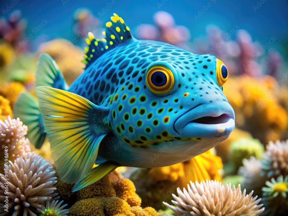 Vibrant aqua-blue toadfish with yellow spots and long, flowing fins ...