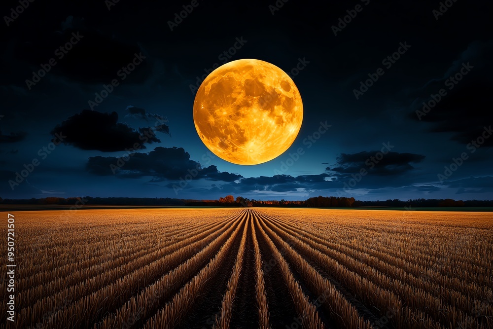 Autumn evening with a harvest moon, depicted in an artwork where a ...