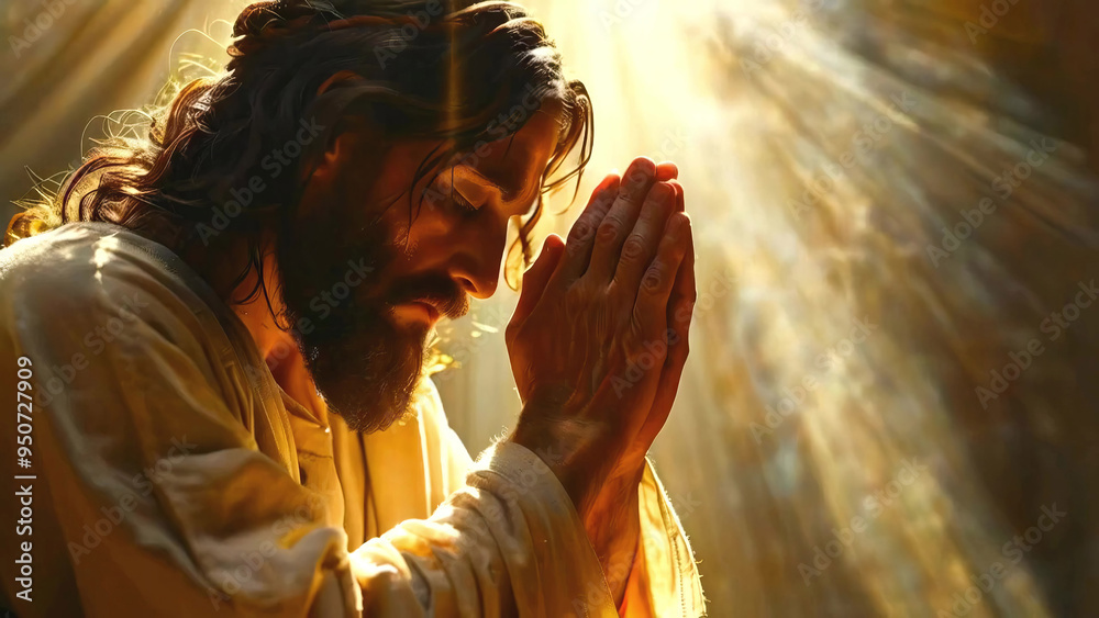 Jesus Christ praying in divine rays of heavenly light, symbolizing ...