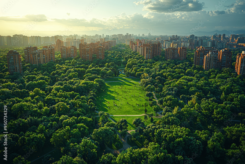 Bird's-eye view of a large urban park with green spaces and ...
