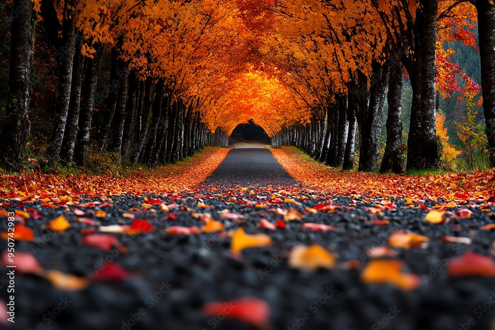 Autumn path lined with trees, captured in a photo where a path winds ...