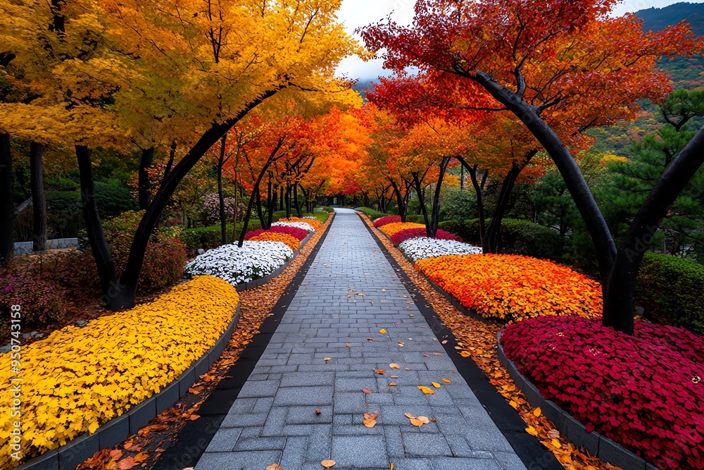 Autumn path lined with trees, captured in a photo where a path winds ...