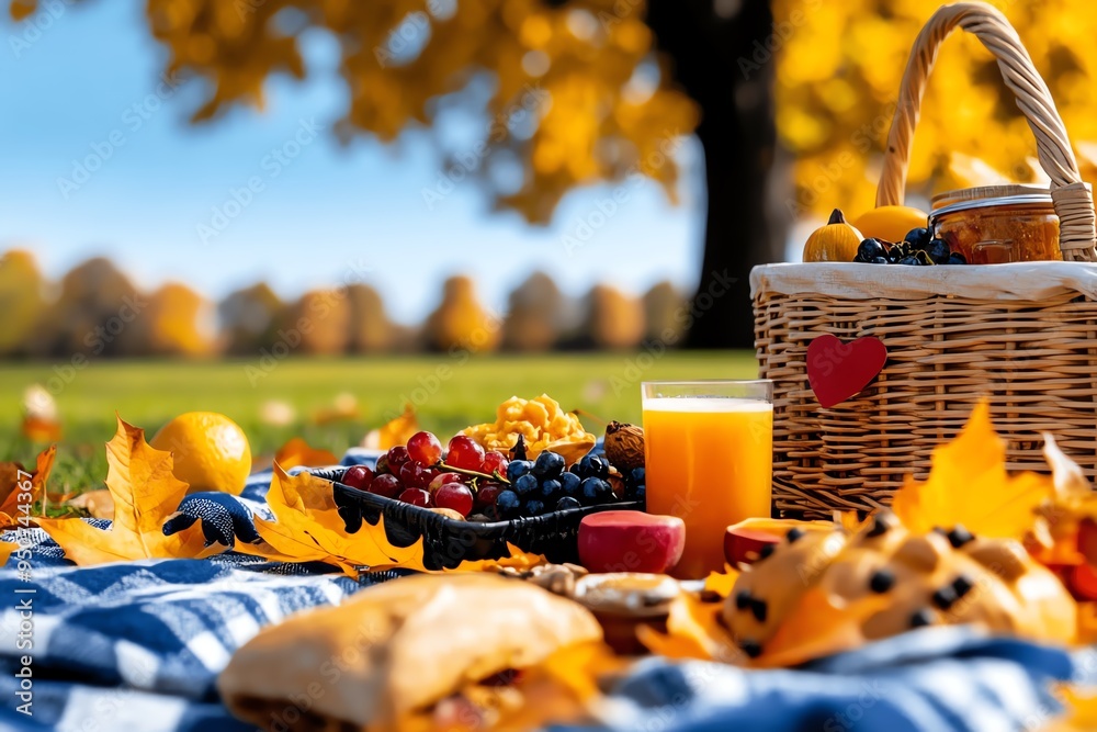 Autumn picnic in a park, captured in a photo where friends and family ...