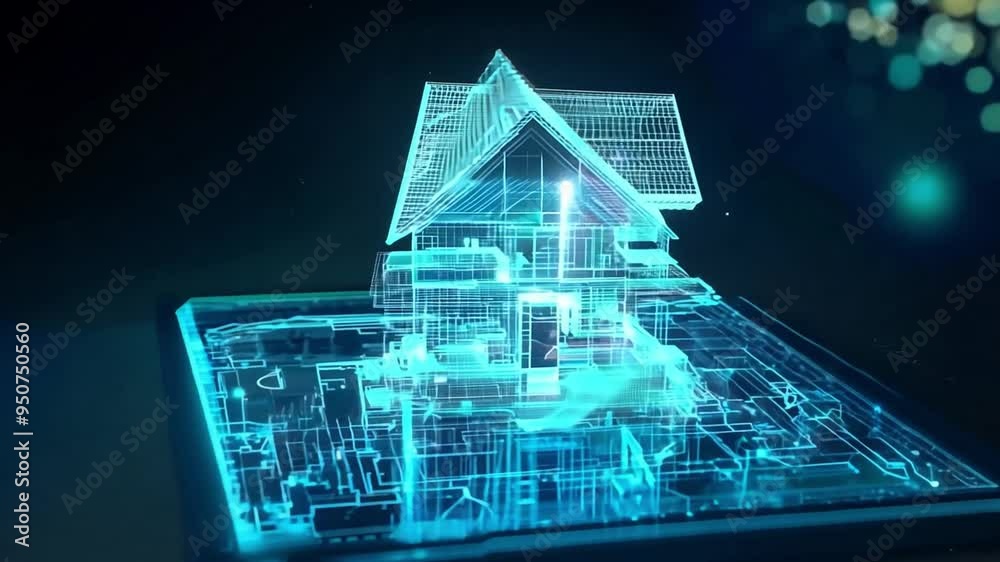 A detailed 3D digital model illustrates a contemporary house with ...