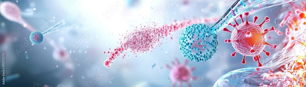 A detailed microscope view of a prion interacting with immune cells ...