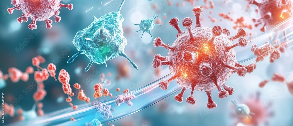 A highdetail image of a virus interacting with immune cells ...