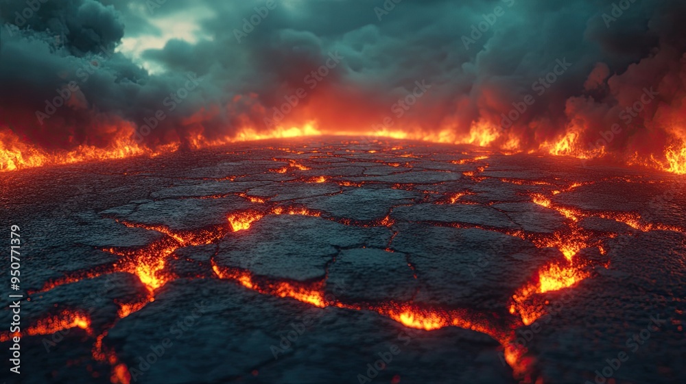 Heat haze rising from a cracked asphalt road with digital mirages ...