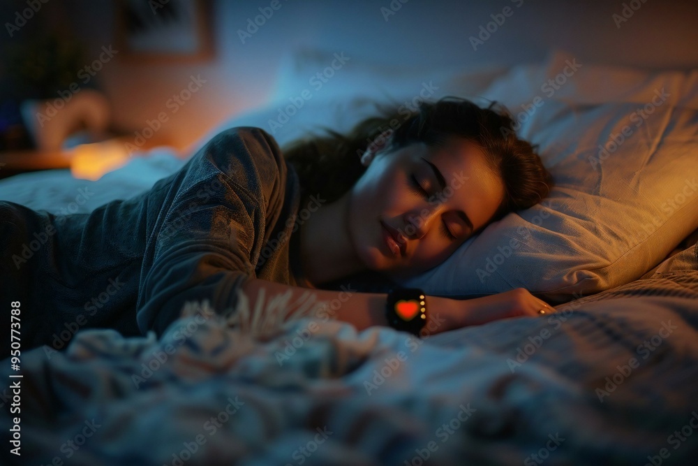 woman peacefully sleeping on a bed with a smartwatch on her wrist ...