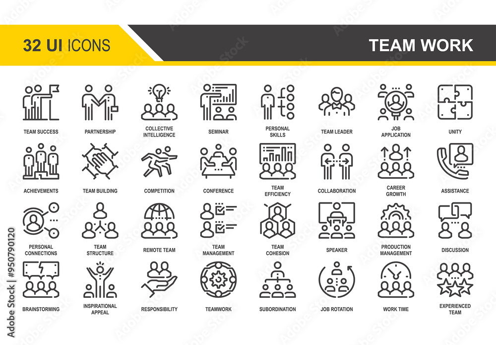 Vector set of team work flat line web icons. Each icon with adjustable ...