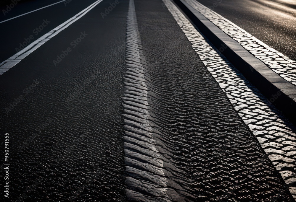 close view textured asphalt surface distinctive vivid tire tracks ...